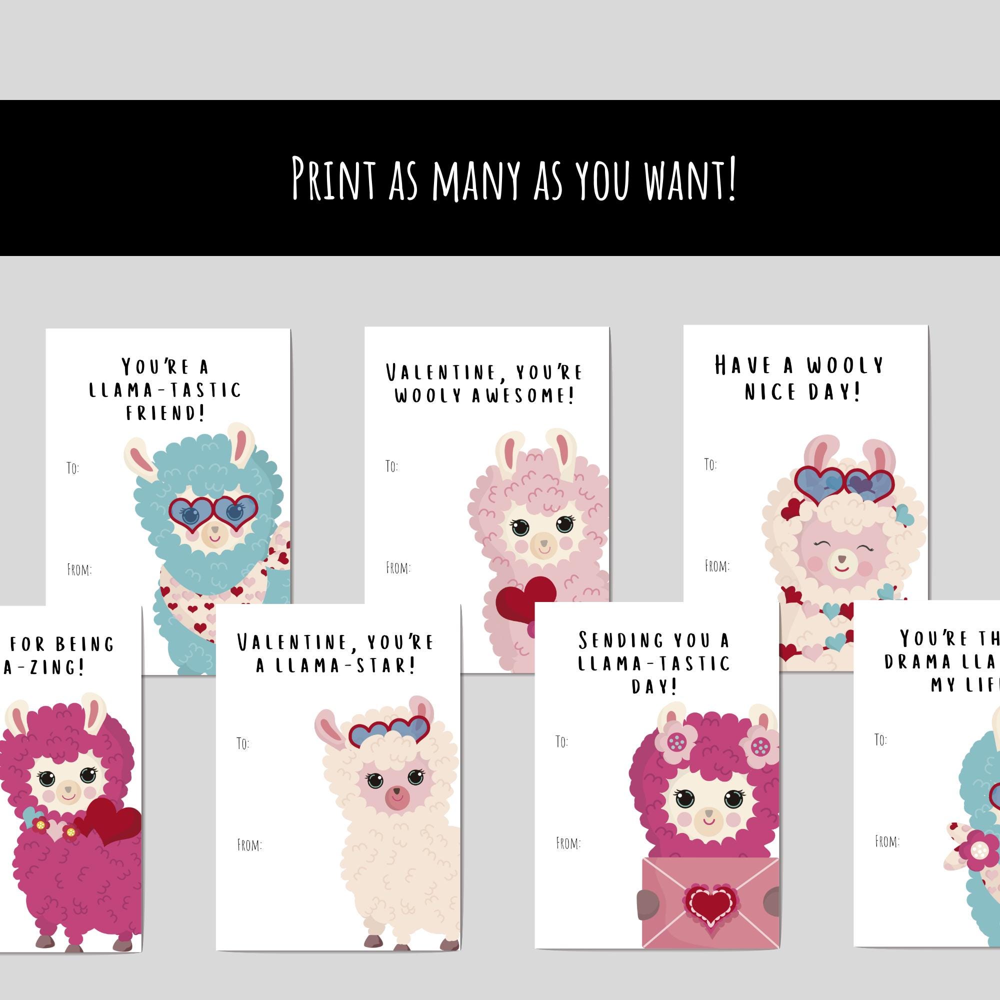 Printable Llama Valentine Cards: Funny Animal Pun Cards for Kids (PDF ...
