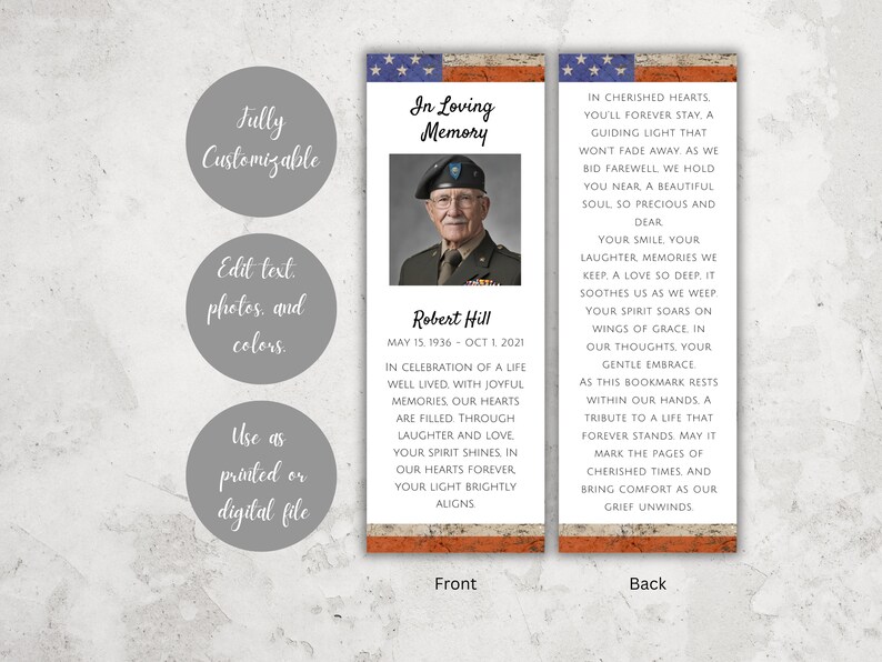 Veteran Funeral Memorial Bookmark Custom Template Editable - Etsy