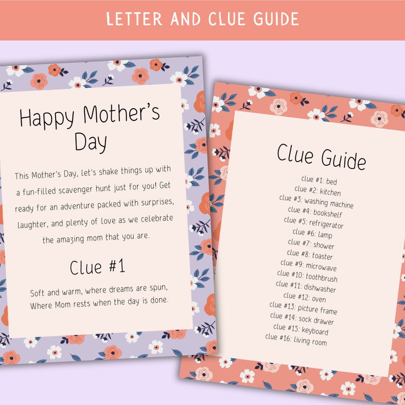 Mother's Day Treasure Hunt Clue Cards, Mother's Day Scavenger Hunt ...