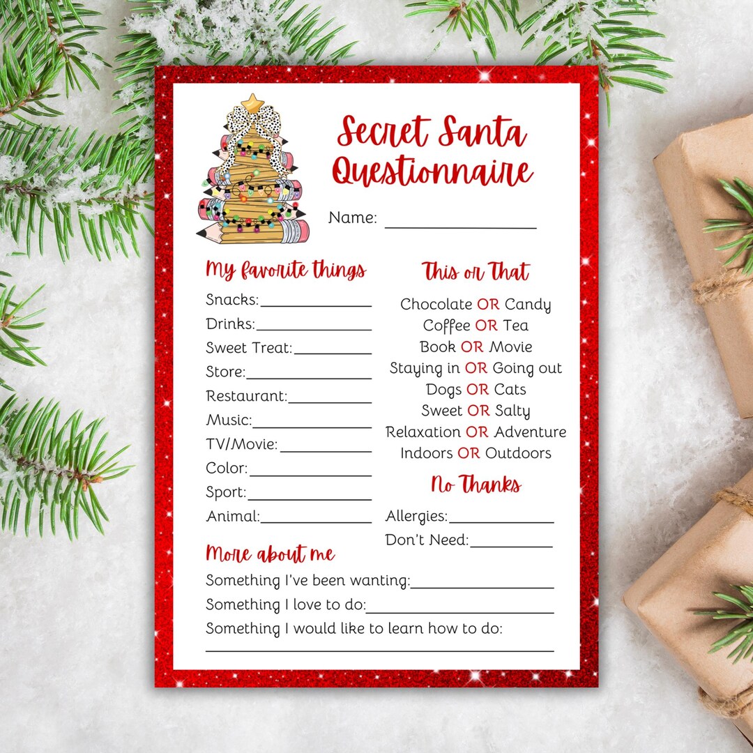 Printable Secret Santa Questionnaire Teachers, Christmas Party Gift ...