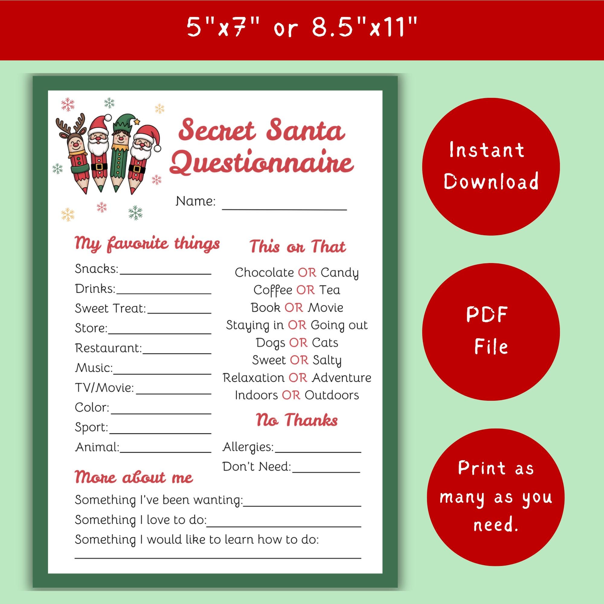 Printable Secret Santa Questionnaire Teachers, Christmas Party Gift ...