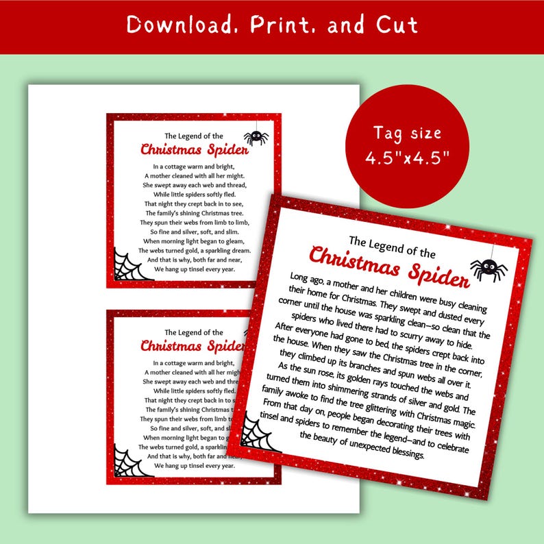 The Legend of the Christmas Spider Printable Tag, Christmas Spider ...