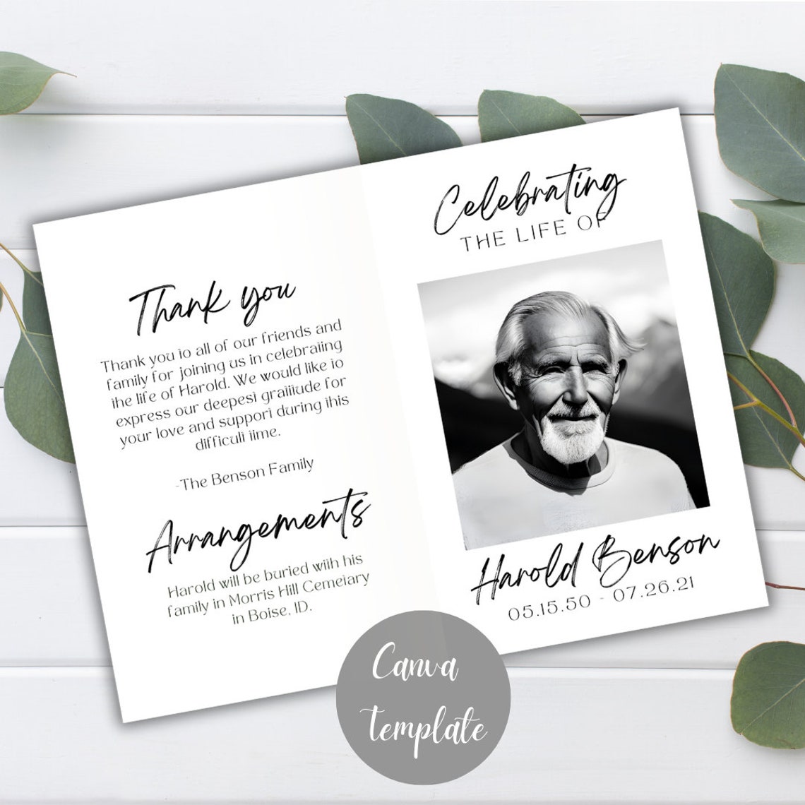 Minimalist Funeral Program, Editable Downloadable Funeral Program, Simple 8.5x11 Funeral Program ...