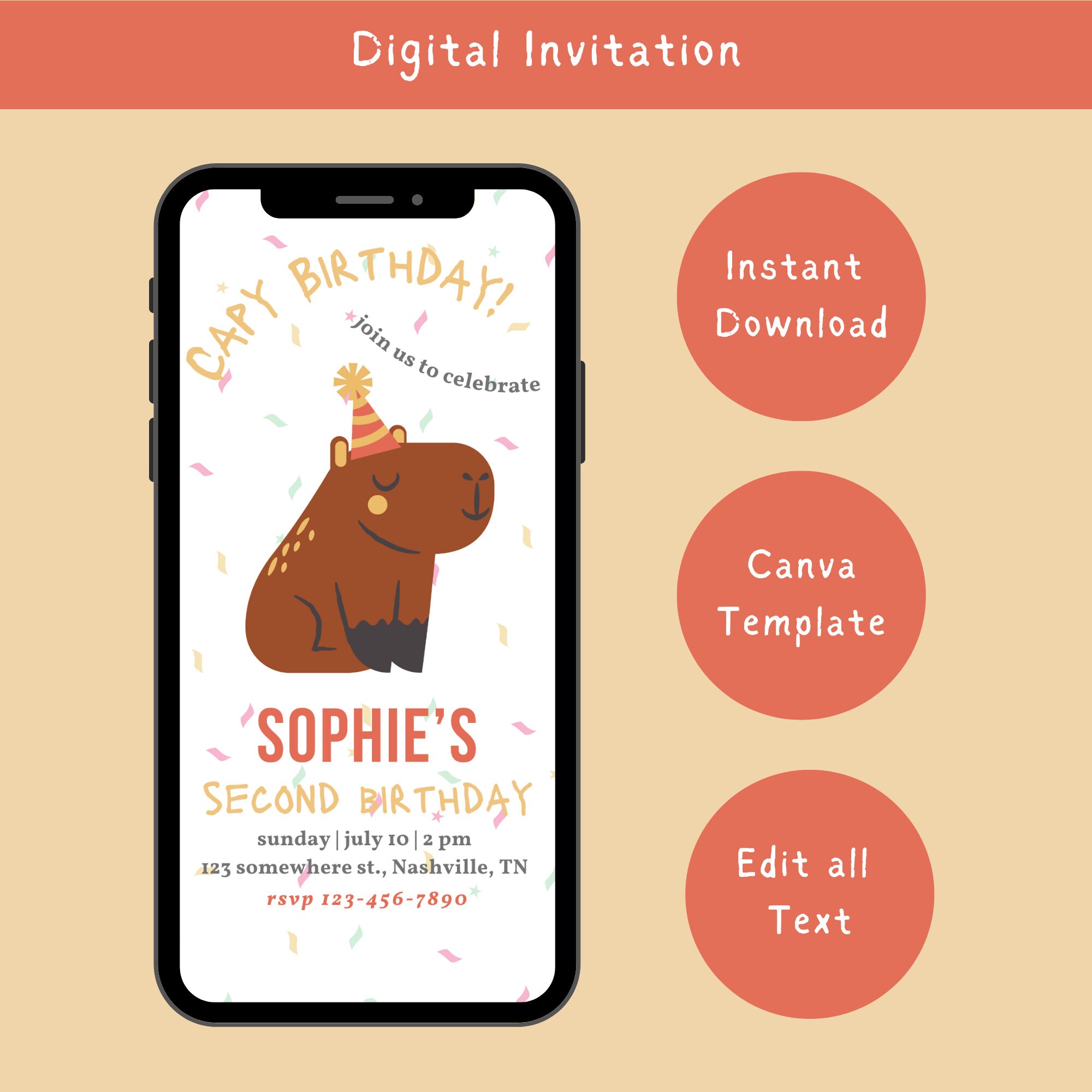 Capybara Birthday Invitation, Capy Birthday Invite Printable, Cute ...