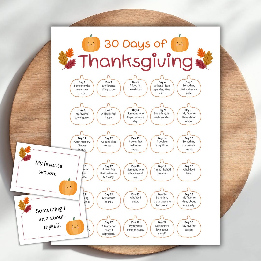 30 Days of Thanksgiving for Kids, Printable Gratitude Prompt Cards ...