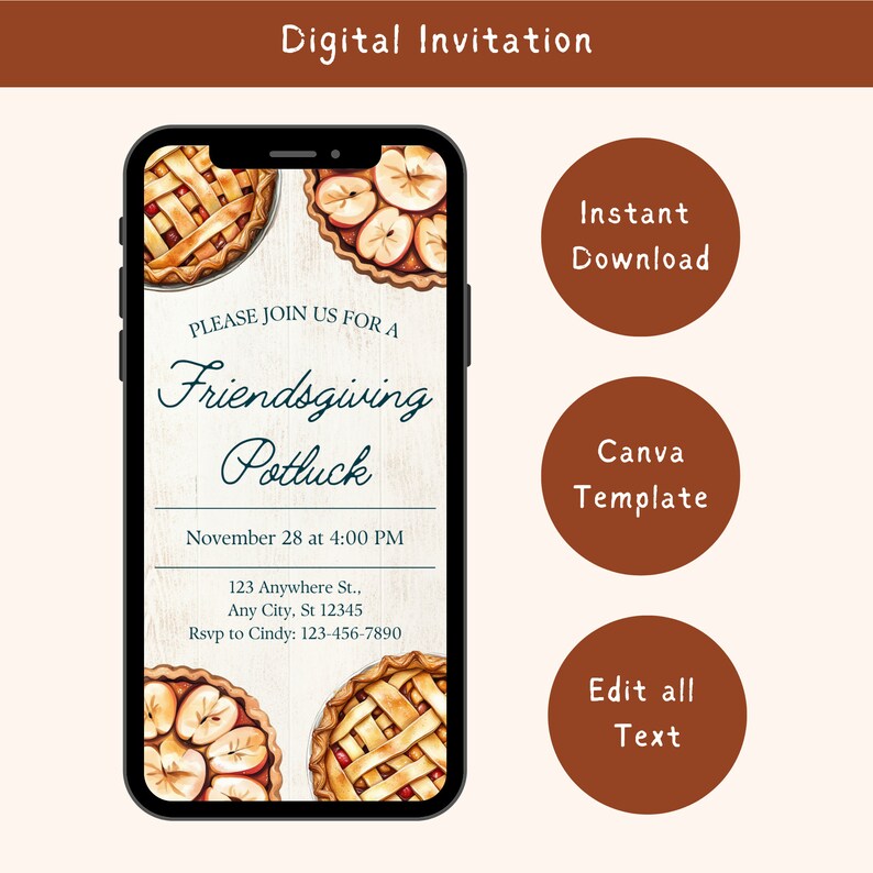 Pie Friendsgiving Potluck Invitation Template, Printable Thanksgiving ...