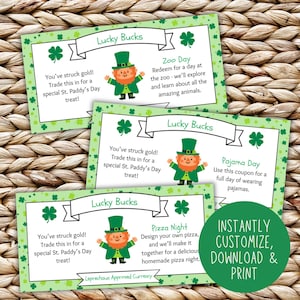 St. Patrick's Day Lucky Bucks Printable, Customizable Coupons (instant ...