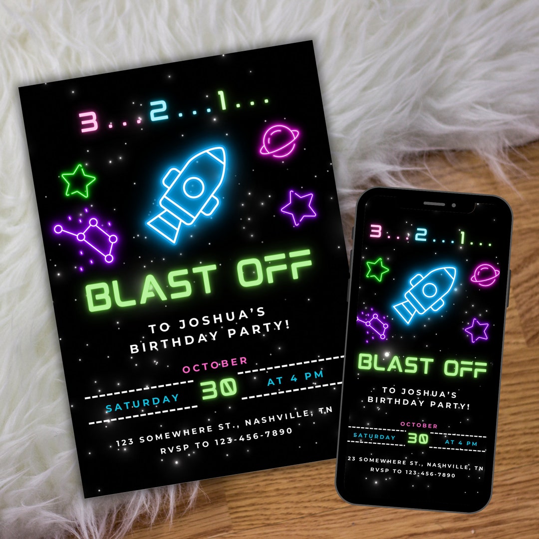 Neon Outer Space Birthday Invitation: Galaxy Party Template (digital ...