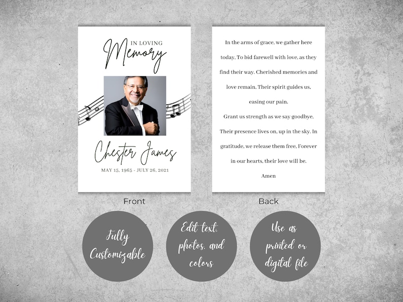Music Note Funeral Prayer Card Template, Editable Funeral Poem Card ...