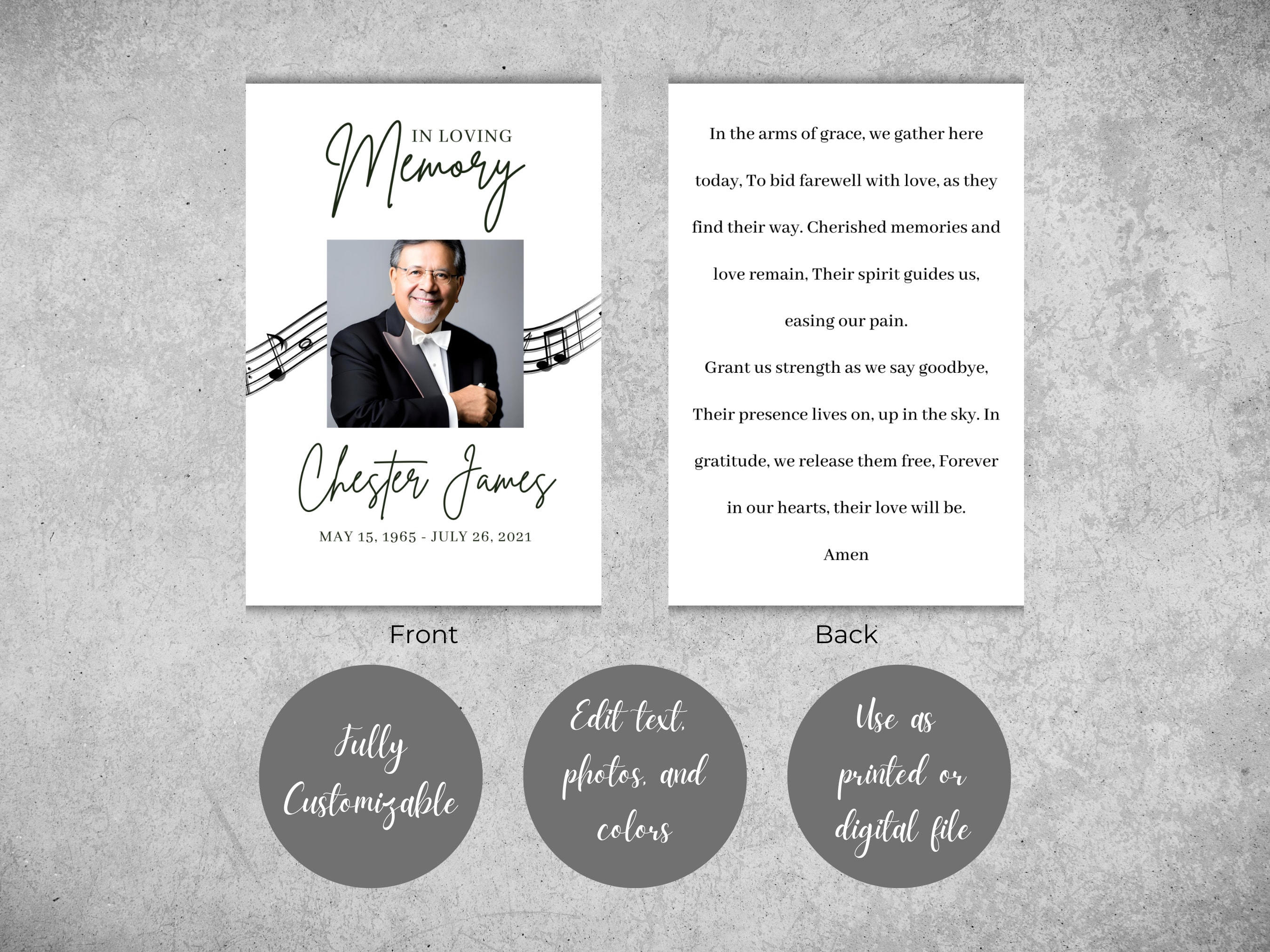Music Note Funeral Prayer Card Template, Editable Funeral Poem Card ...