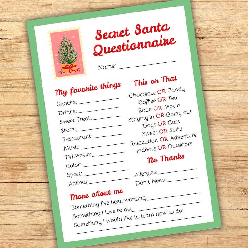 Secret Santa Questionnaire Printable, Christmas Party Gift Exchange ...
