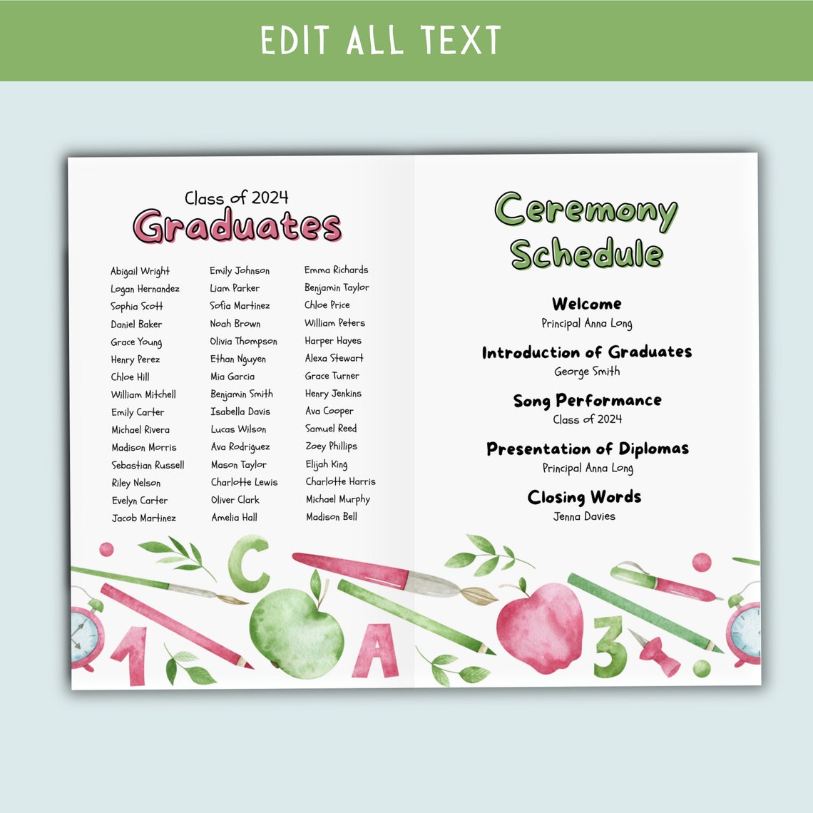 Kindergarten Graduation Program Template, Printable Graduation Program ...