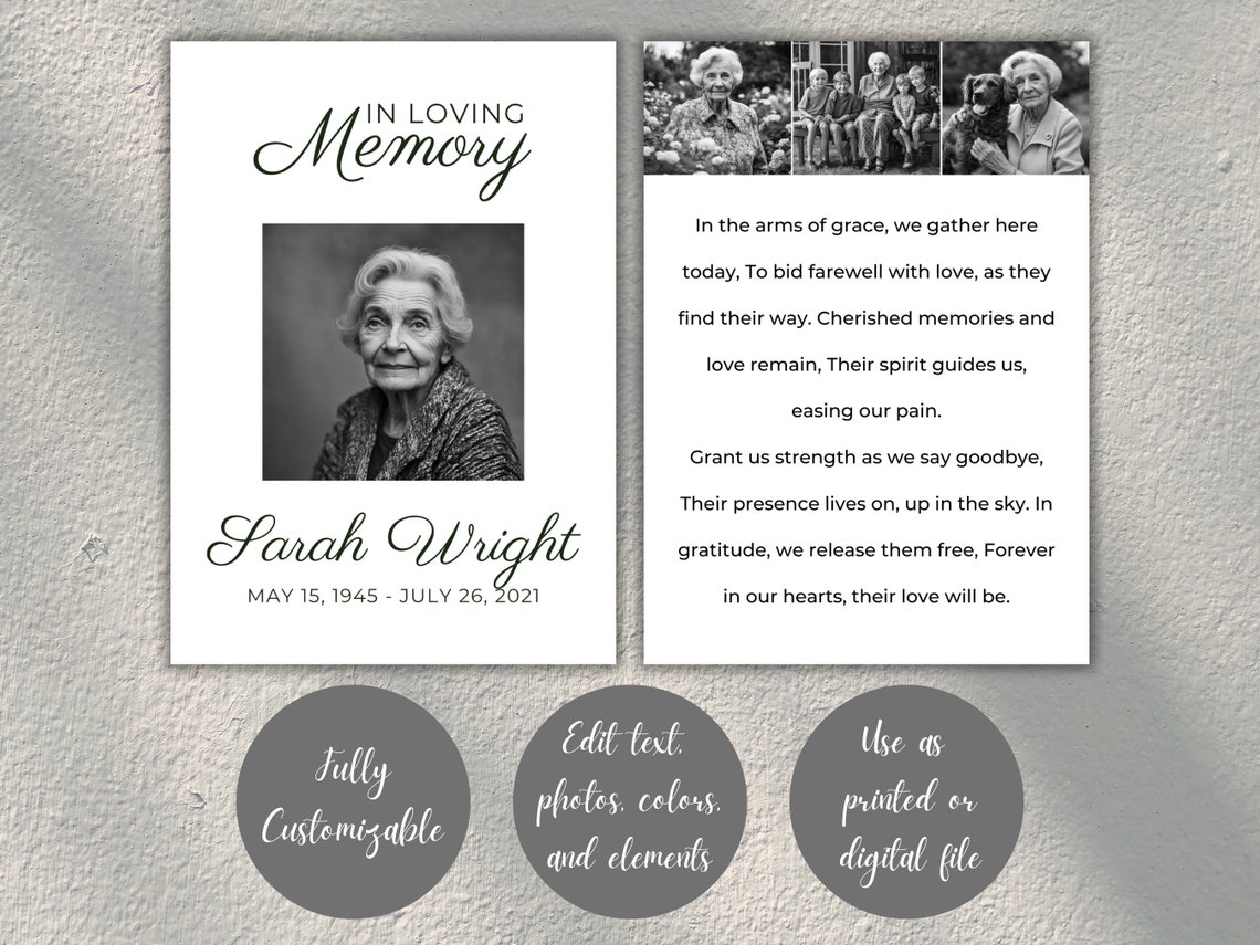 Editable Funeral Prayer Card Template Funeral Poem Card - Etsy