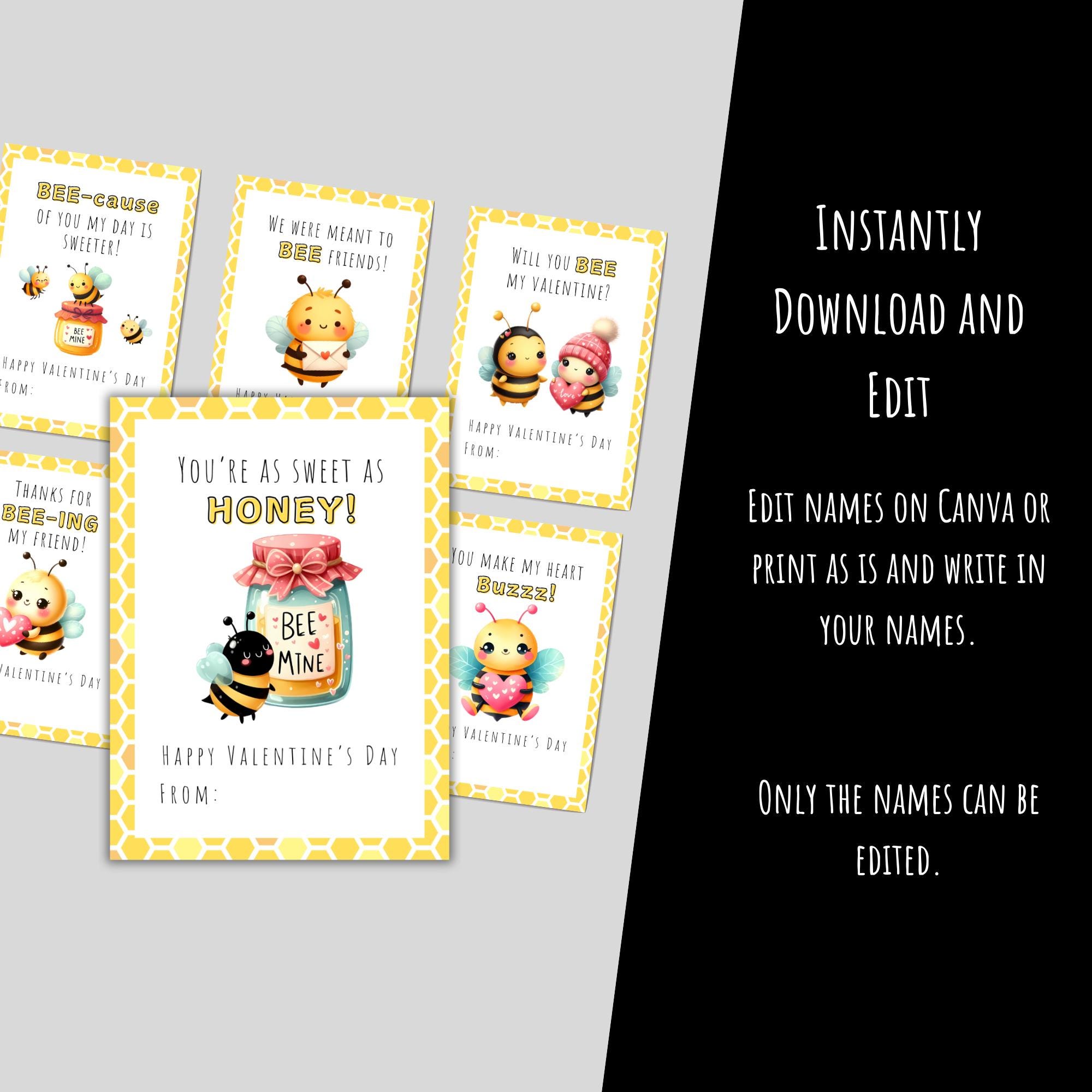 Printable Cute Bee Valentine Cards for Kids, Custom Bumble Bee School ...