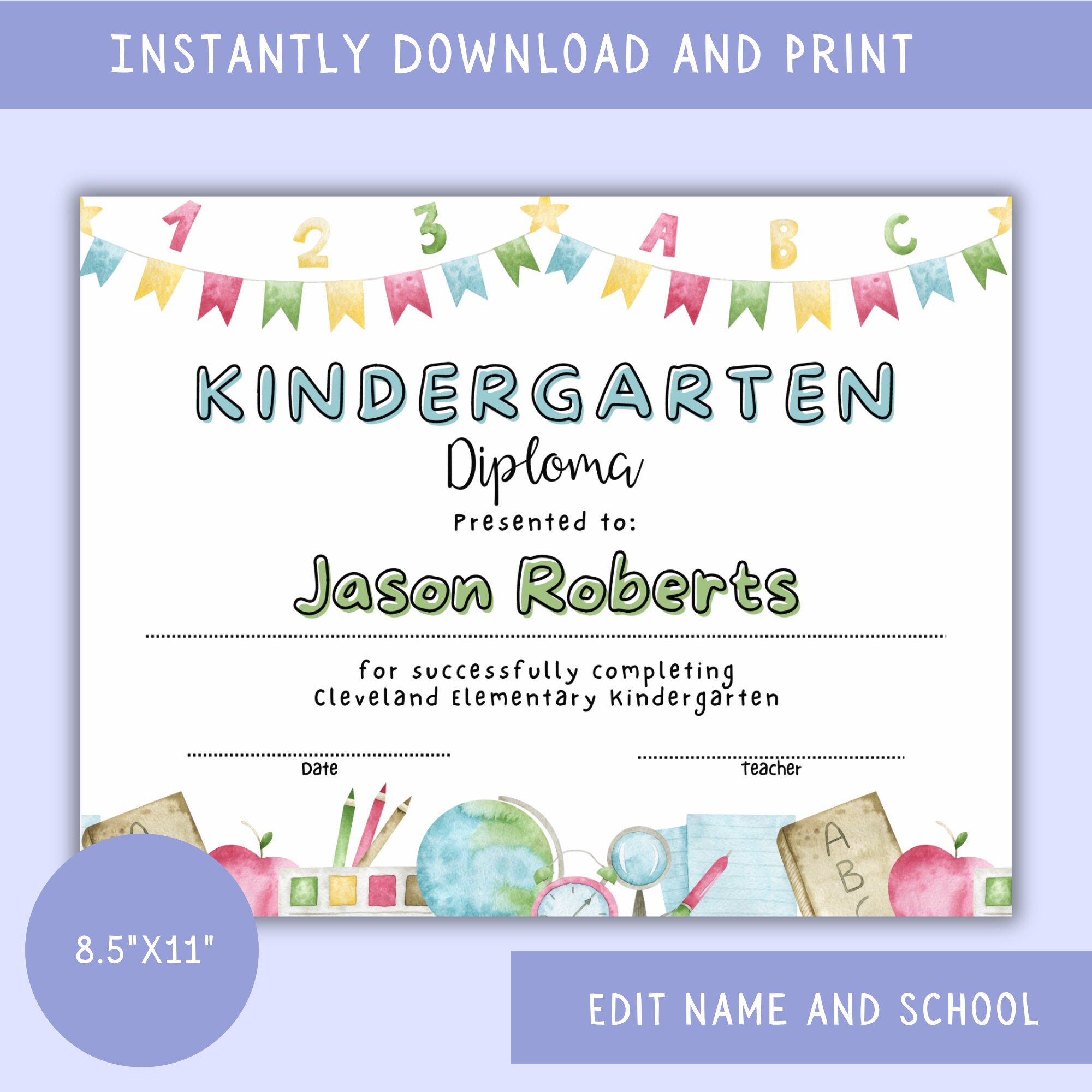Editable Kindergarten Graduation Diploma Canva, Printable Graduation ...