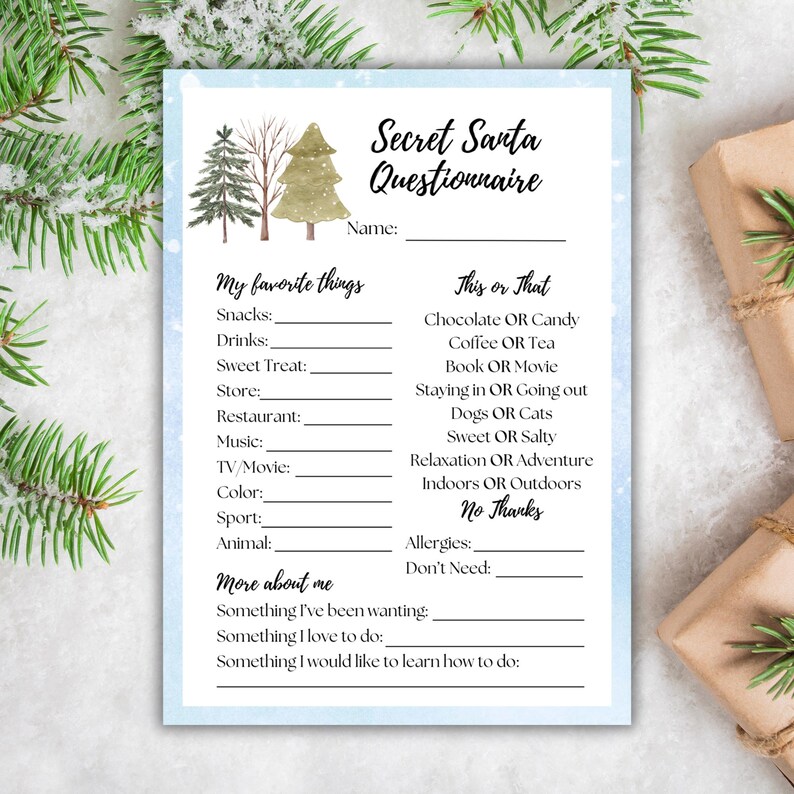 Secret Santa Questionnaire Printable, Christmas Party Gift Exchange ...