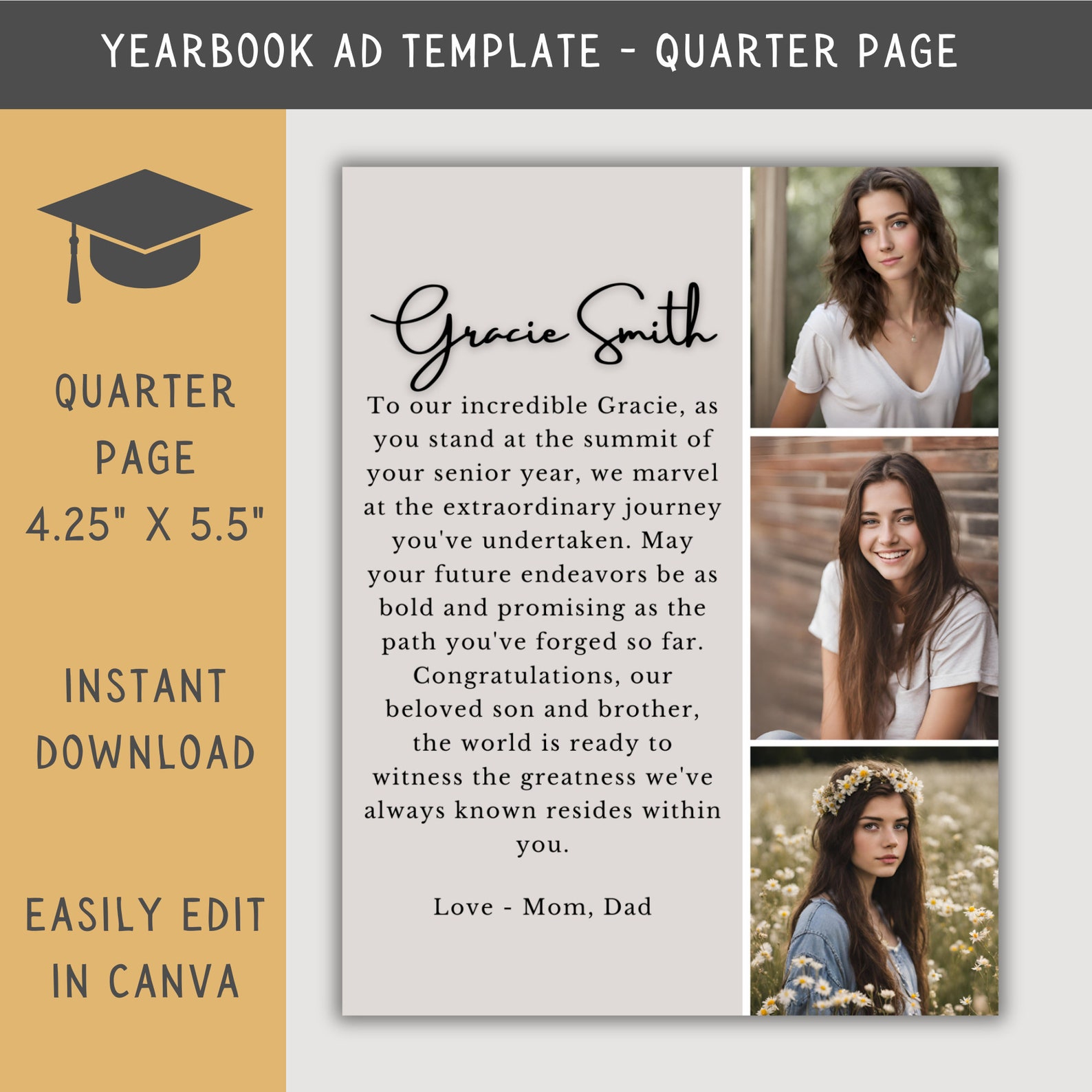 Quarter Page Senior Yearbook Ad Template, Editable Yearbook Ad Layout ...