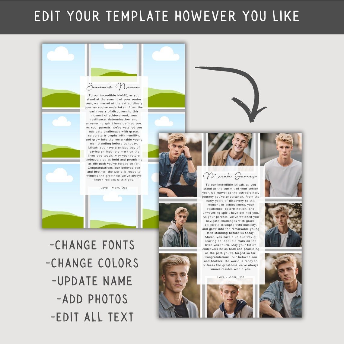 Editable Senior Yearbook Ad Template: Full Page Photo Collage Tribute ...