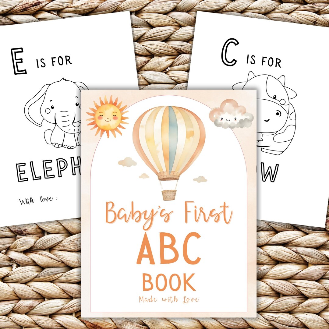 Watercolor Hot Air Balloon ABC Coloring Book Baby Shower Guest Book ...