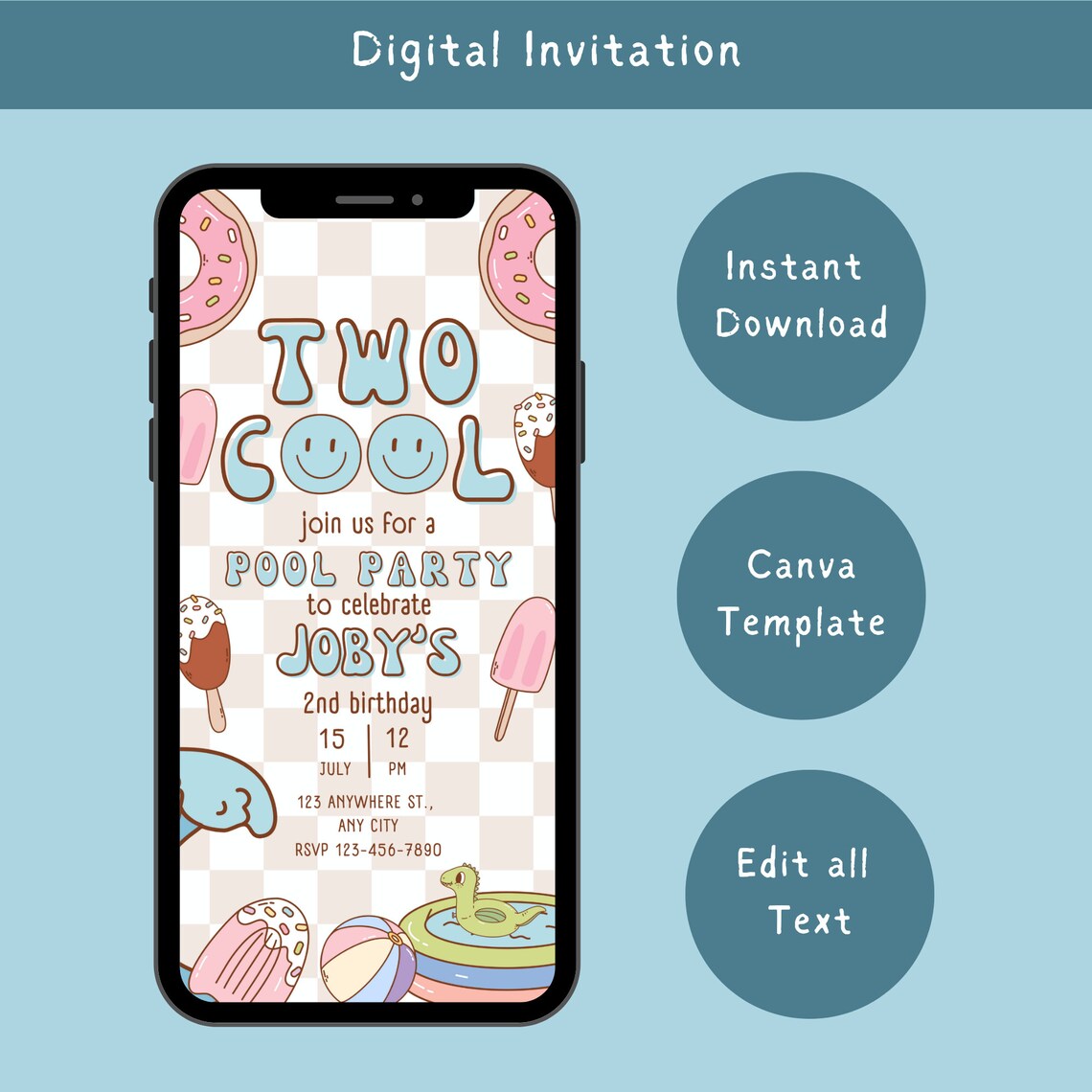 Two Cool Pool Party Birthday Invitation, Retro Pool Party for 2nd ...