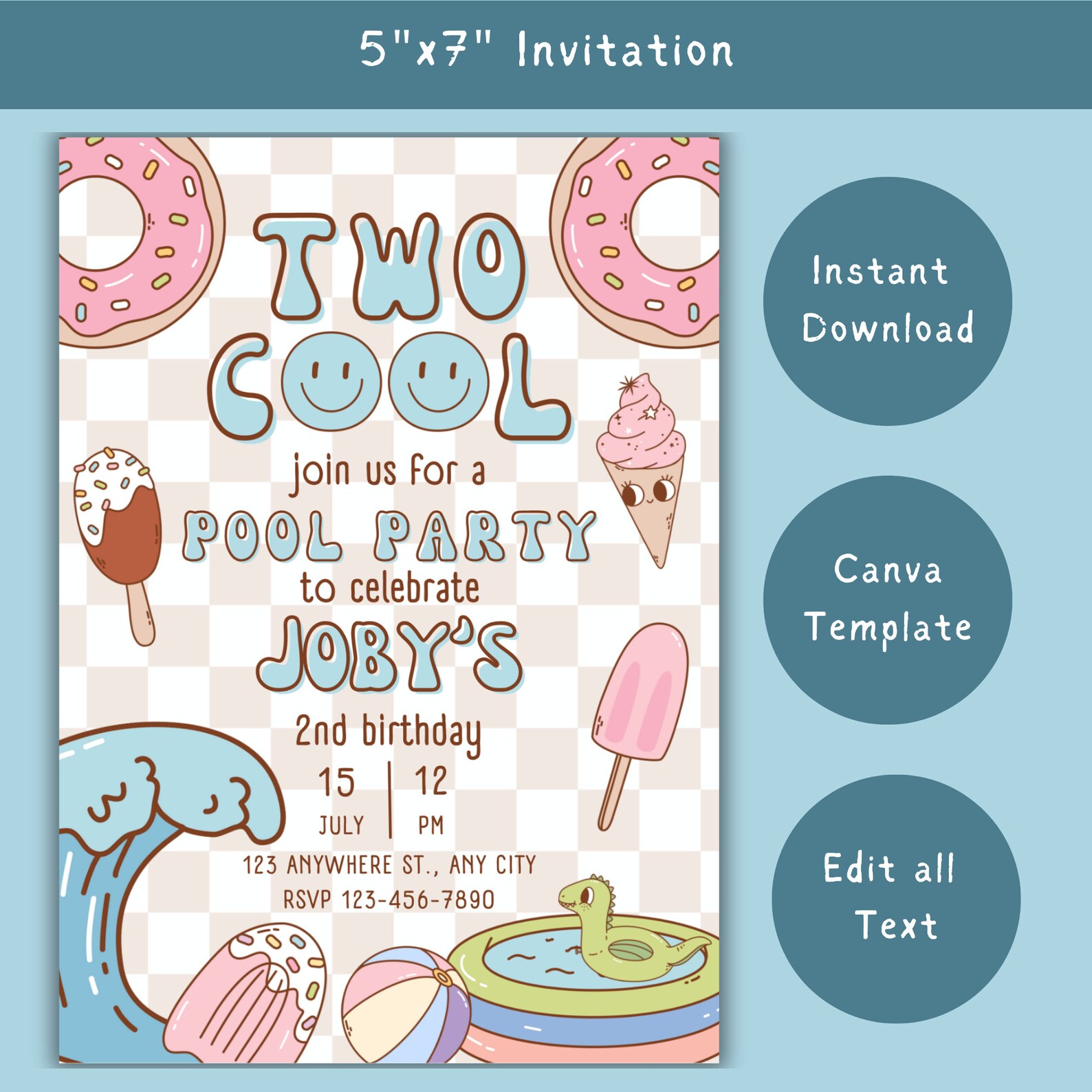 Two Cool Pool Party Birthday Invitation, Retro Pool Party for 2nd ...