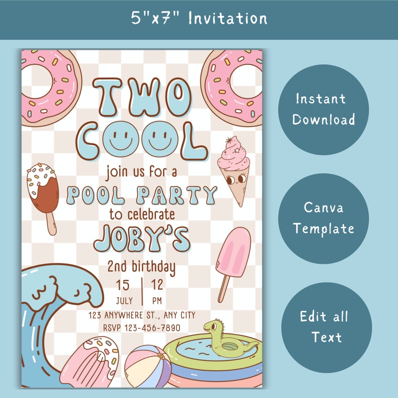 Two Cool Pool Party Birthday Invitation, Retro Pool Party for 2nd ...