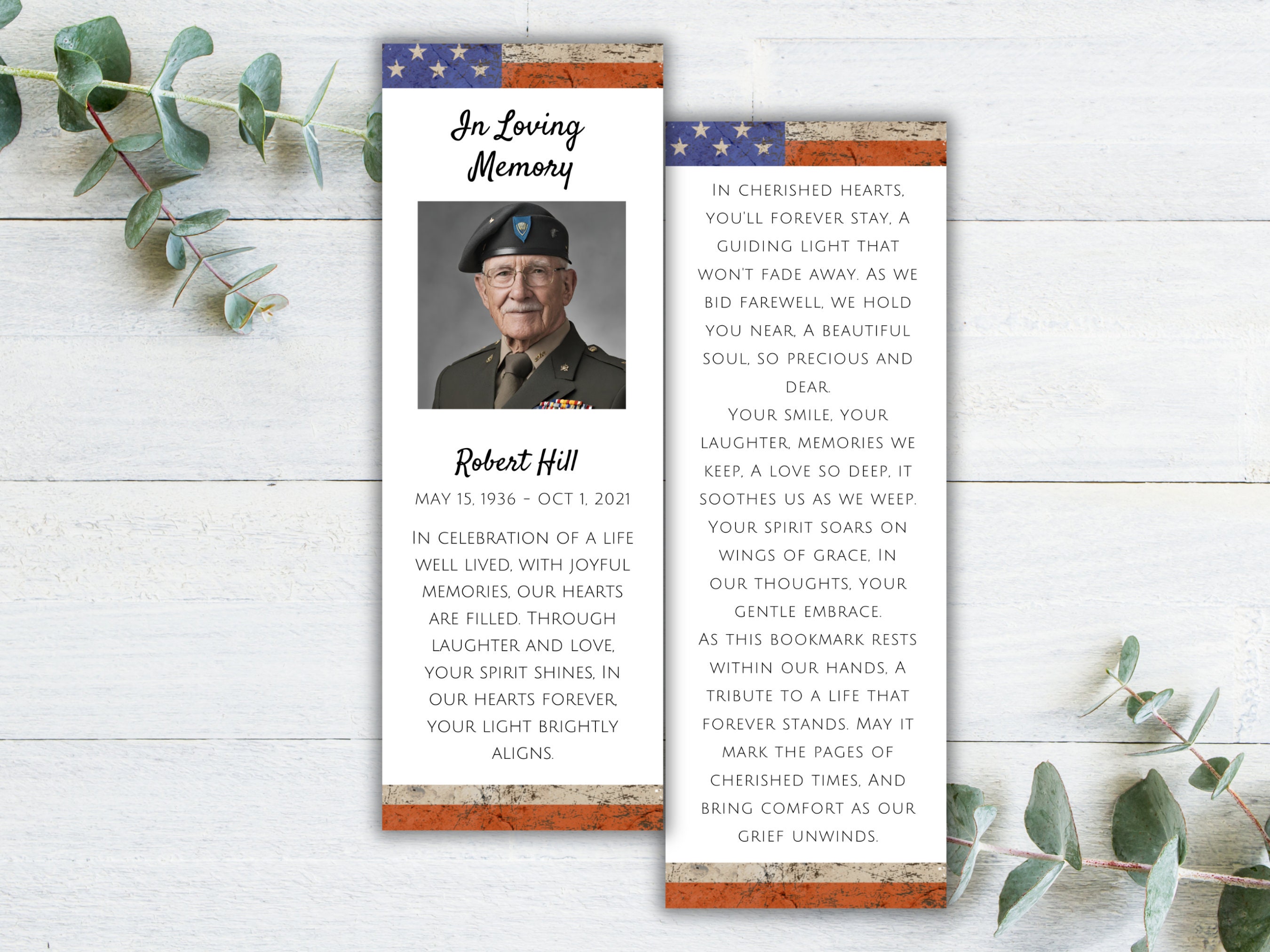 Veteran Funeral Memorial Bookmark Custom Template Editable - Etsy
