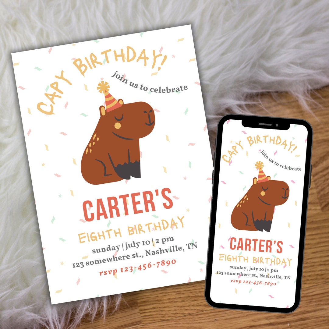 Capybara Birthday Invitation, Capy Birthday Invite Printable, Cute ...