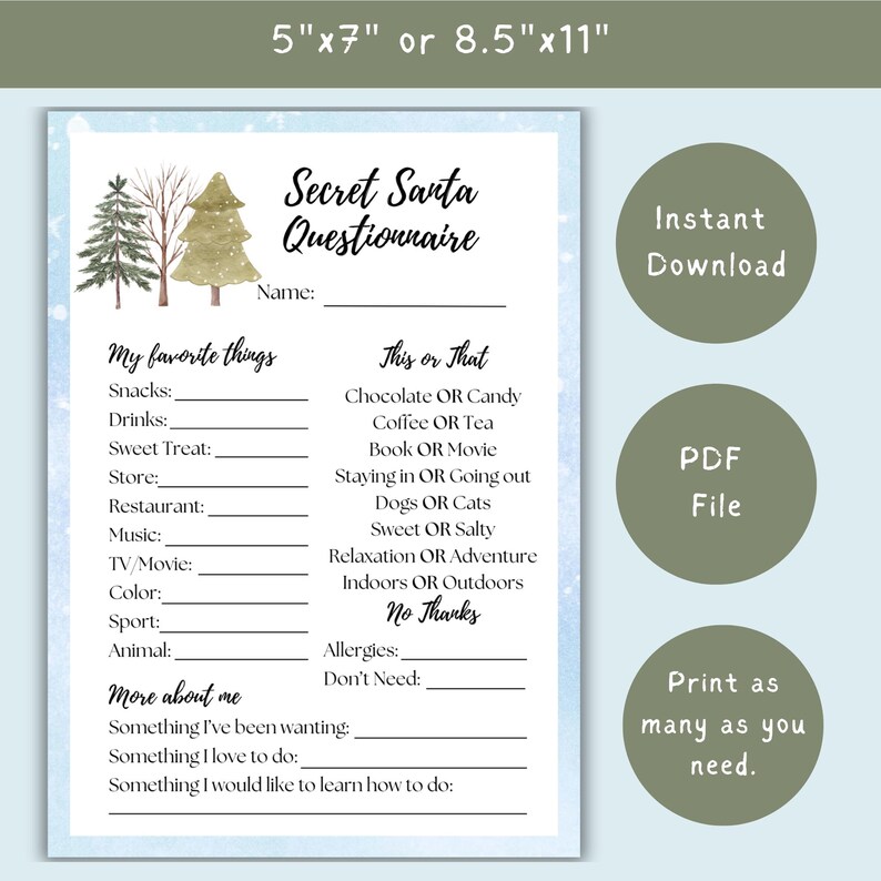 Secret Santa Questionnaire Printable, Christmas Party Gift Exchange ...