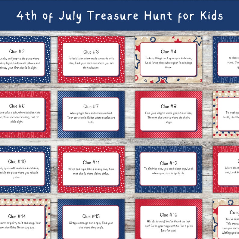 4th of July Indoor Scavenger Hunt Clue Cards for Kids, Fourth of July ...