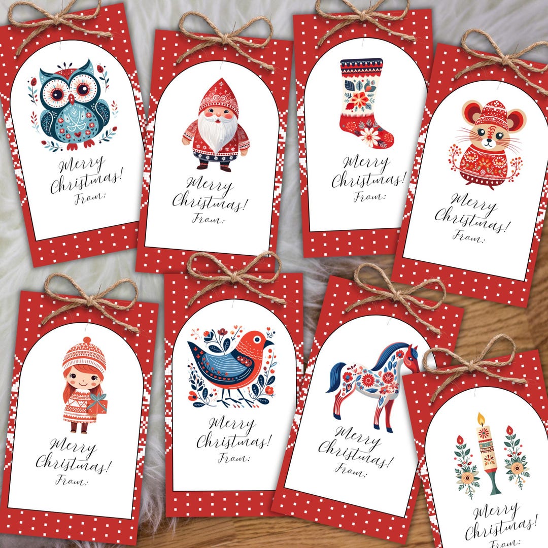 Folk Art Scandinavian Christmas Gift Tags, Printable Nordic Gift Labels ...