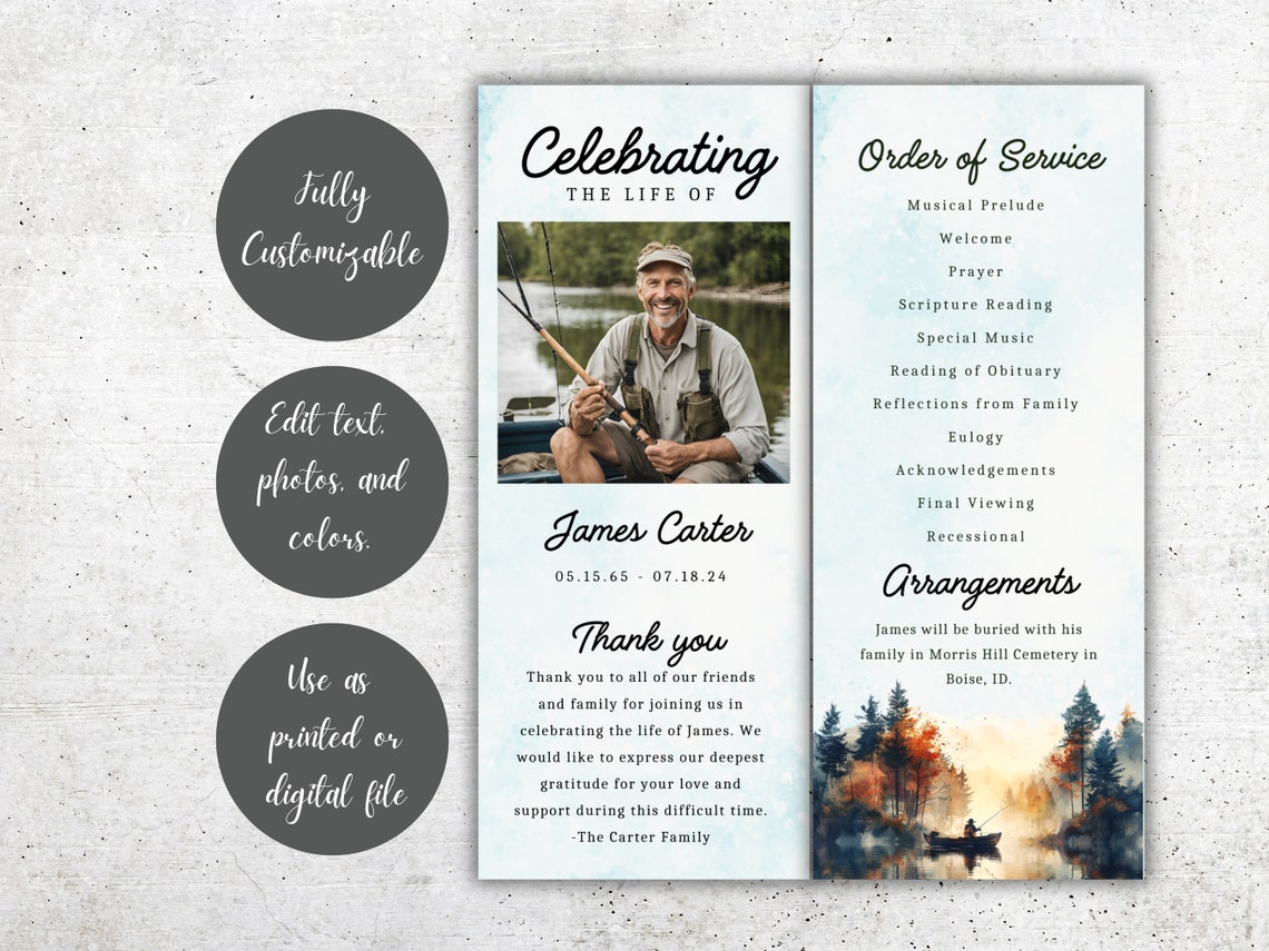 Fishing Funeral Program Template: Memorial Service (digital Download ...