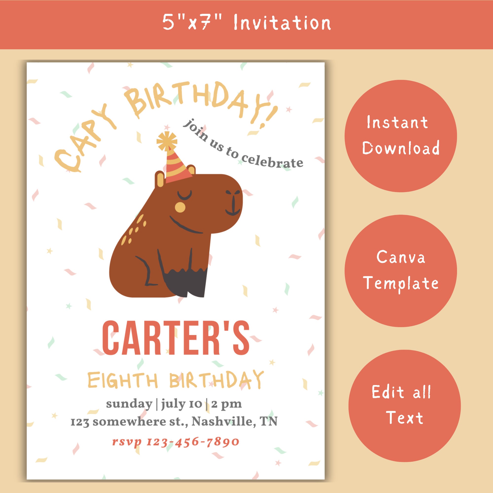 Invitación de cumpleaños de Capybara, invitación de cumpleaños de Capy ...