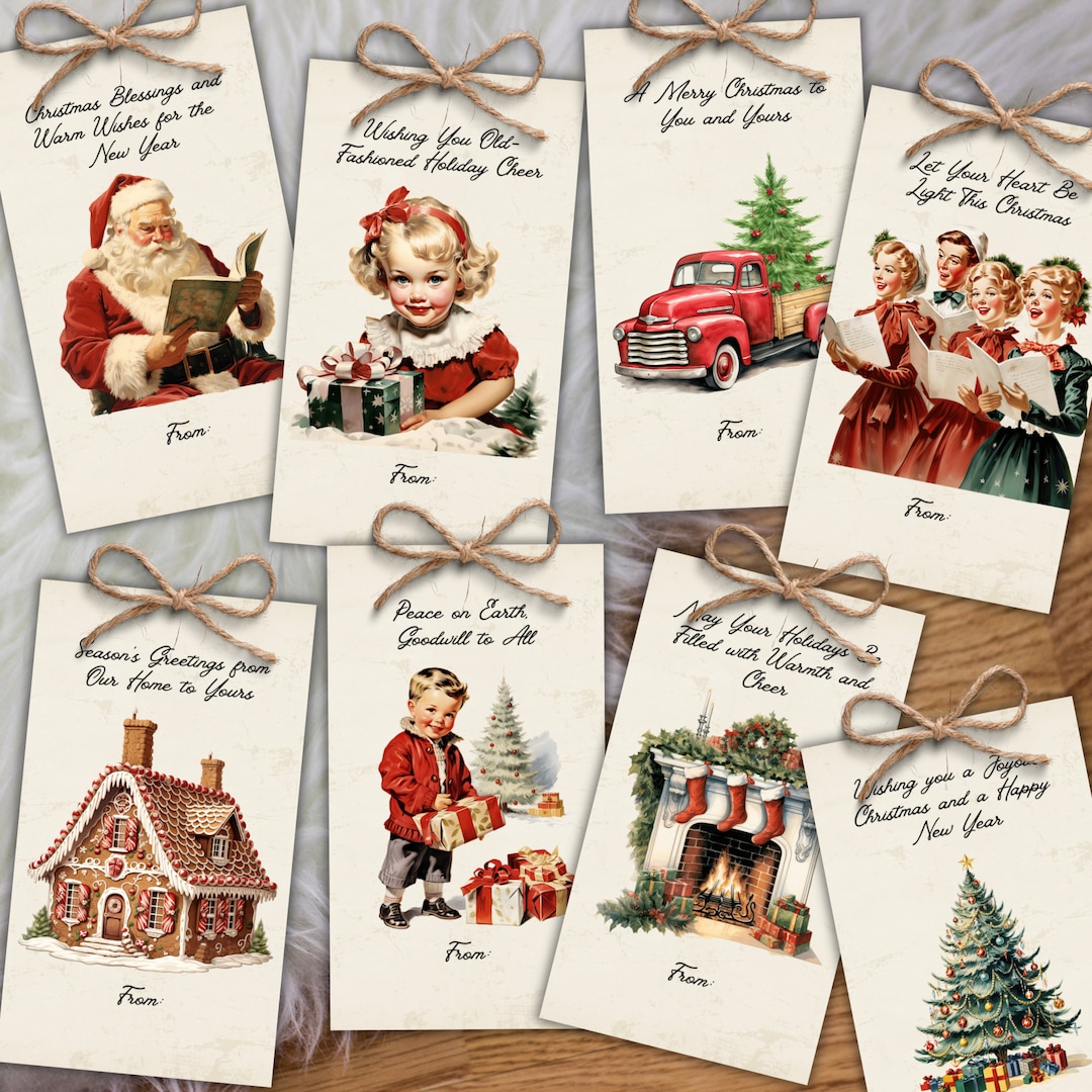 Vintage Printable Christmas Gift Tags Set of 8, Retro Grandmillenial ...