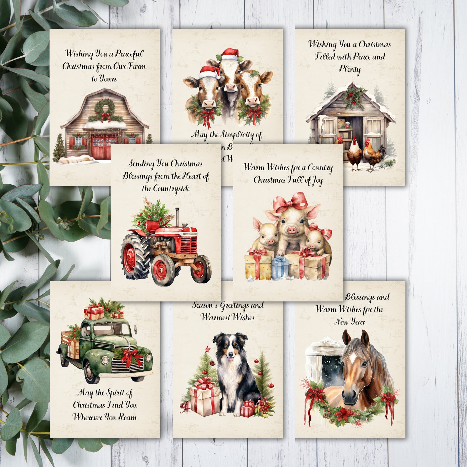 Farm Animal Christmas Cards: Printable Country Holiday Greetings (PDF ...
