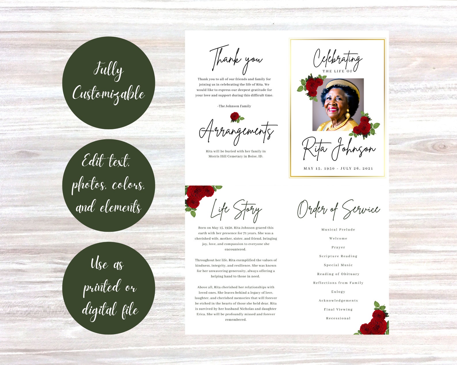 Canva Funeral Program Template Red Roses Funeral Program, Printable ...