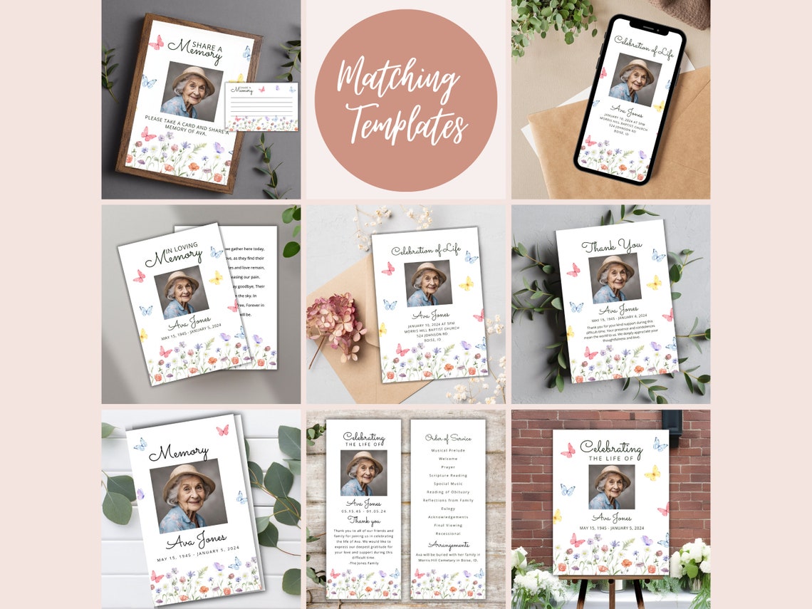 Double Sided Funeral Program Template With Butterflies, Editable ...