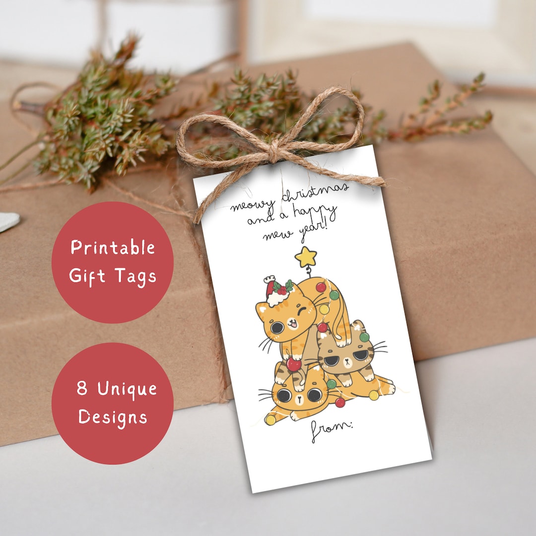 Cat Printable Christmas Gift Tags Set of 8, Cat Holiday Party Favor ...