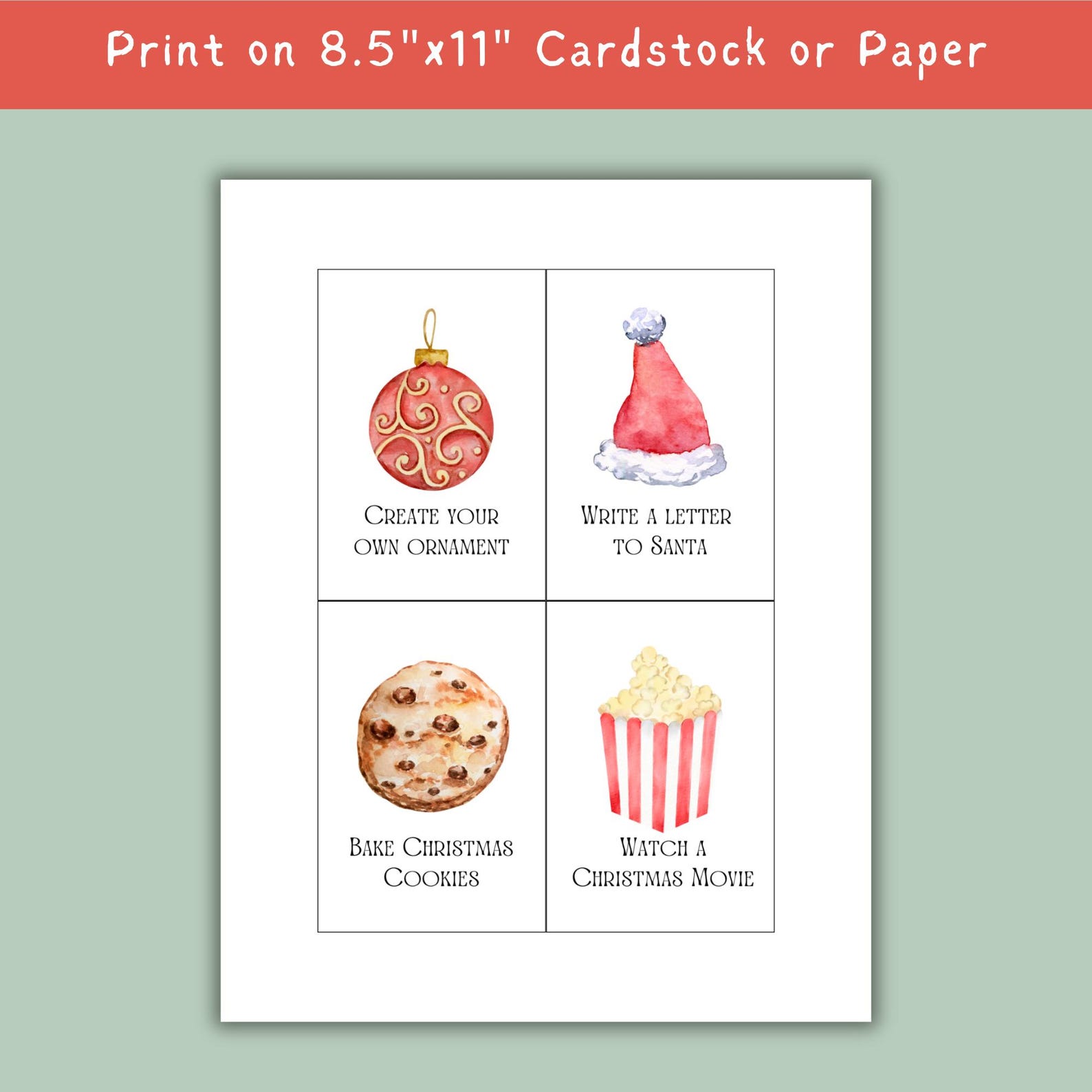 Printable Advent Activity Cards for Kids, Watercolor Christmas Bucket ...