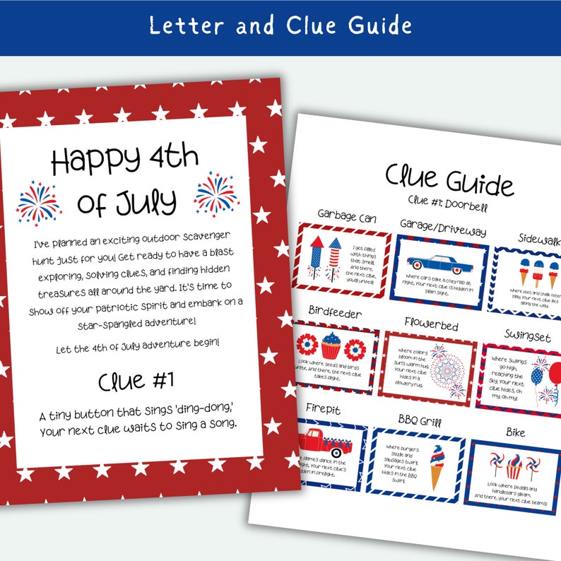 4th of July Scavenger Hunt Clue Cards: Patriotic Printable Game ...