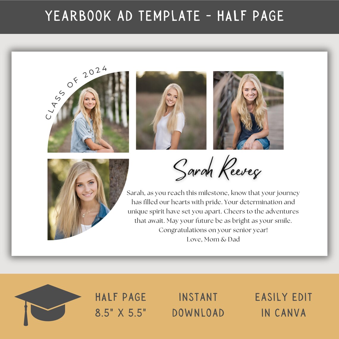 Editable Senior Yearbook Ad Template: Half Page Tribute (digital ...