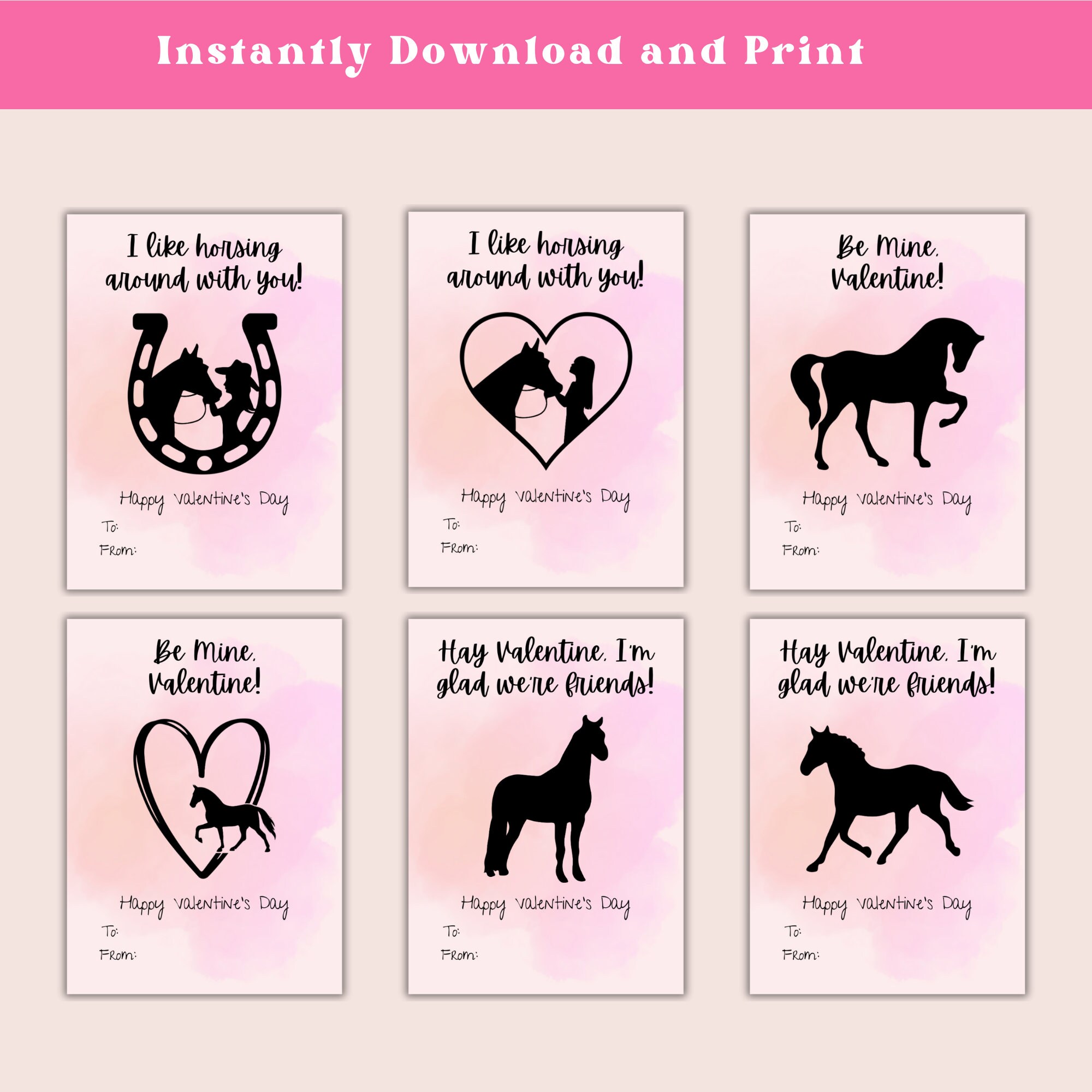 Printable Horse Valentines Day Cards for Kids, Horse Themed School ...