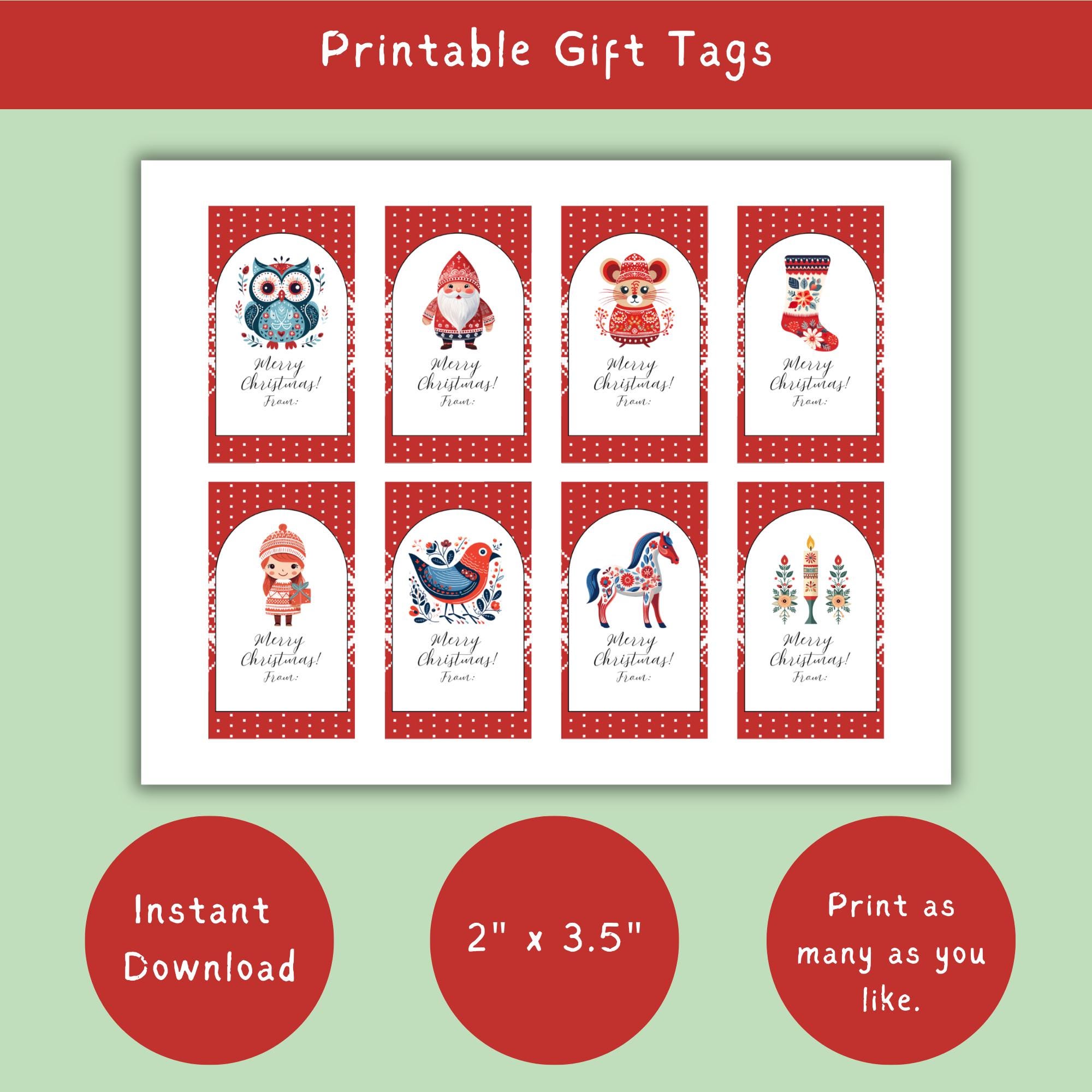 Folk Art Scandinavian Christmas Gift Tags, Printable Nordic Gift Labels ...