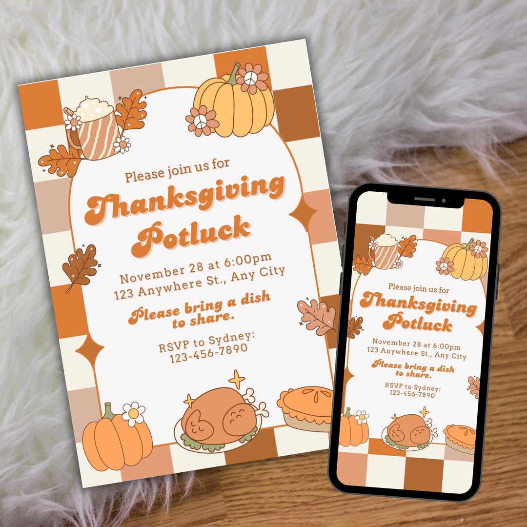 Retro Thanksgiving Potluck Invitation Template, Printable Thanksgiving ...