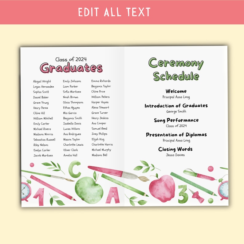 Preschool Graduation Program Template, Printable Graduation Program for Kindergarten, Editable ...