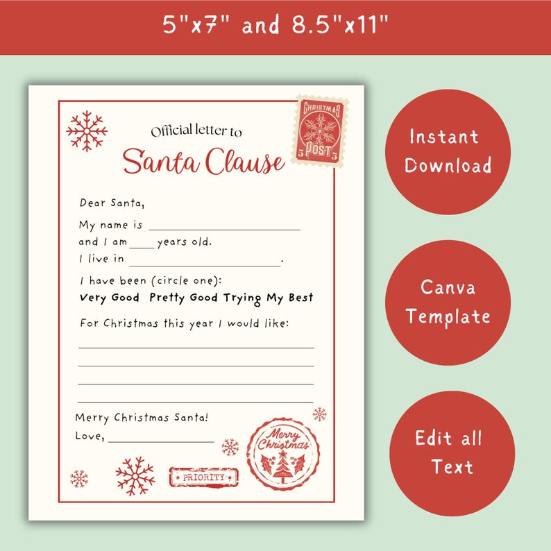 Editable Letter to Santa Printable for Kids, Christmas Wish List ...