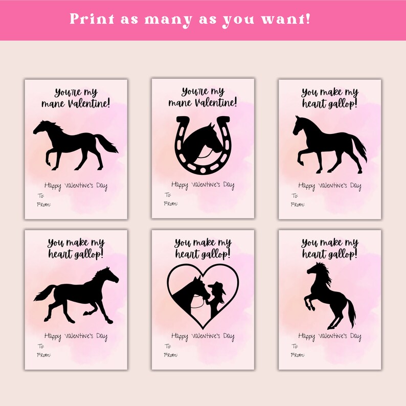 Printable Horse Valentines Day Cards for Kids, Horse Themed School ...