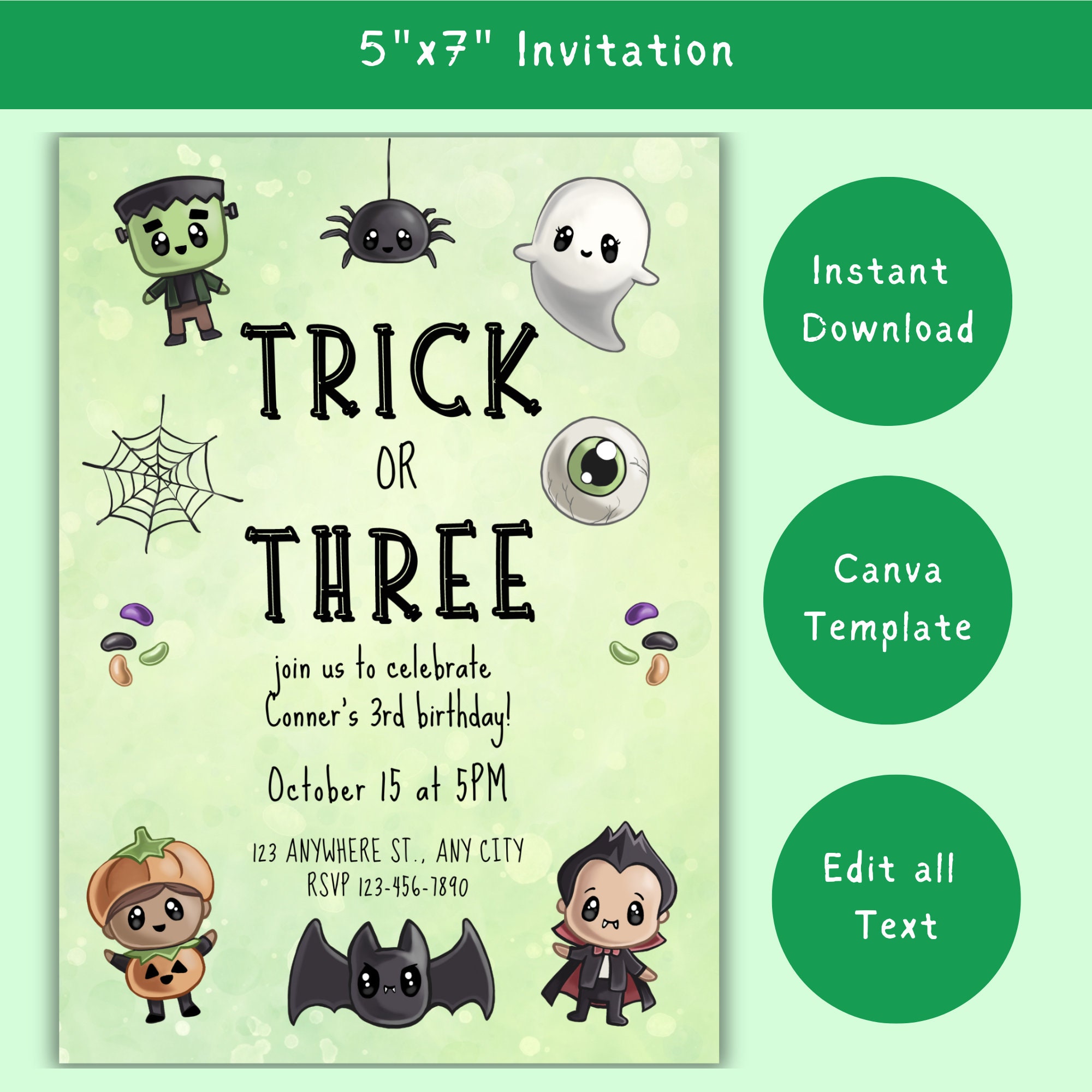 Trick or Three Halloween Birthday Invitation, Third Birthday Invite for ...