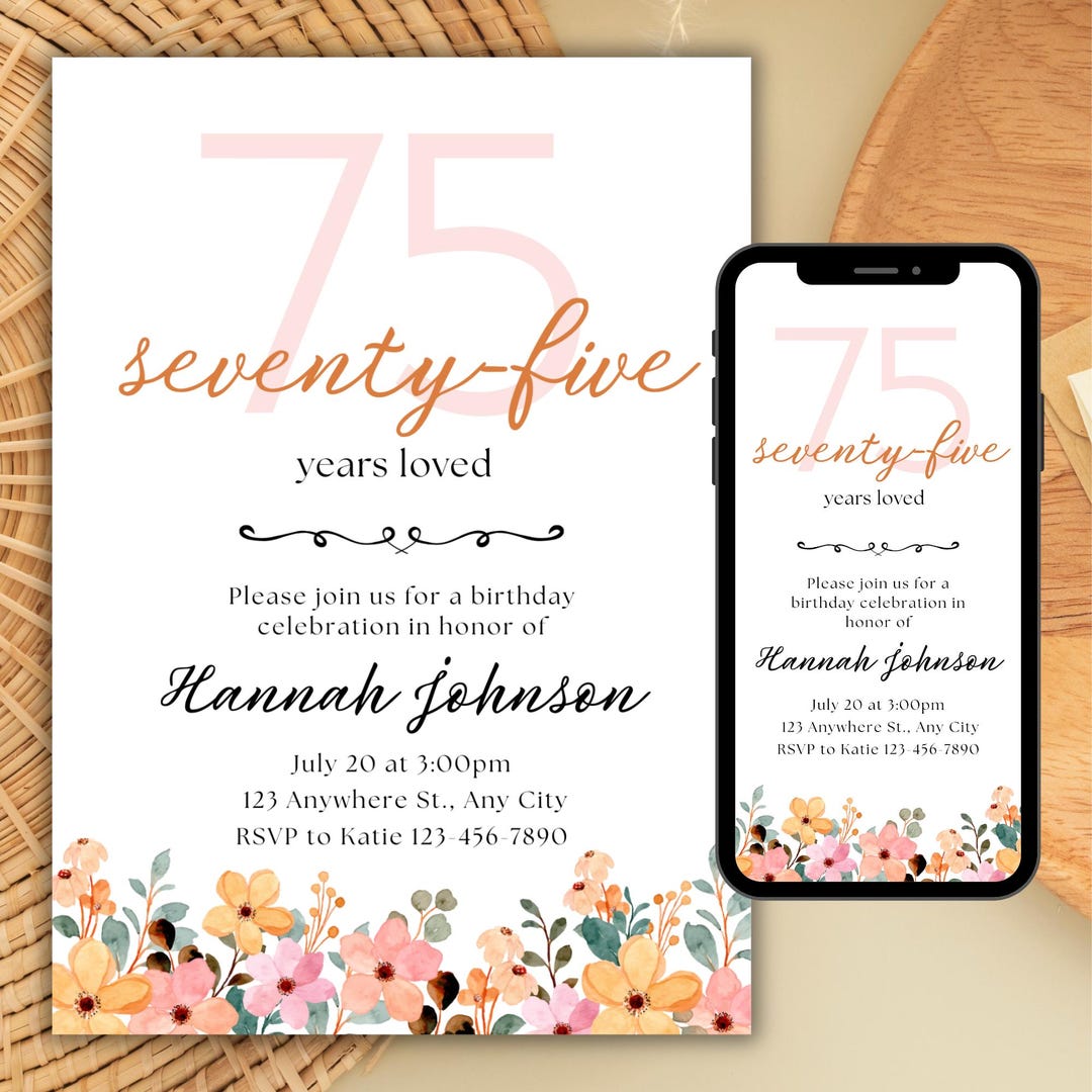 Floral 75th Birthday Invitation Template, 75 Years Loved, Editable 75th ...