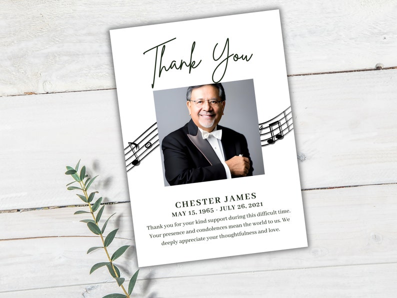 Music Note Funeral Thank You Card With Photo, Personalized Musical ...